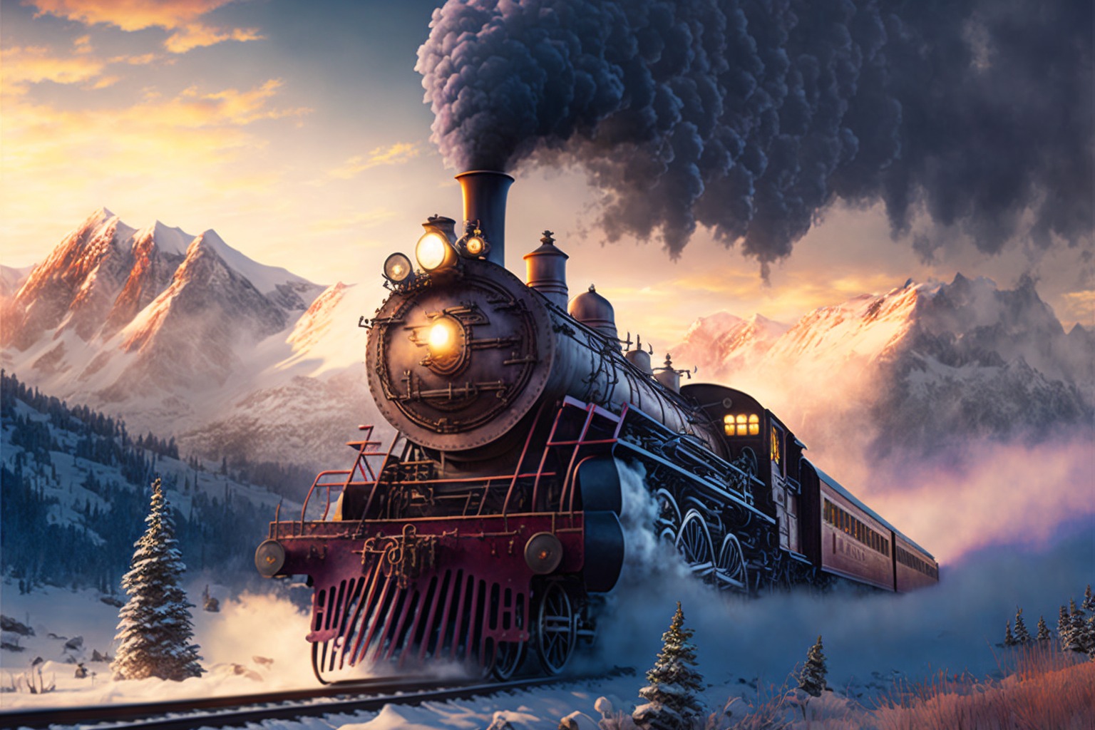 Pixar Style Steam Locomotive Train Running Through The Snowy Mountains Pixar Style Steam Locomotive Train Running Through The Snowy Mountains