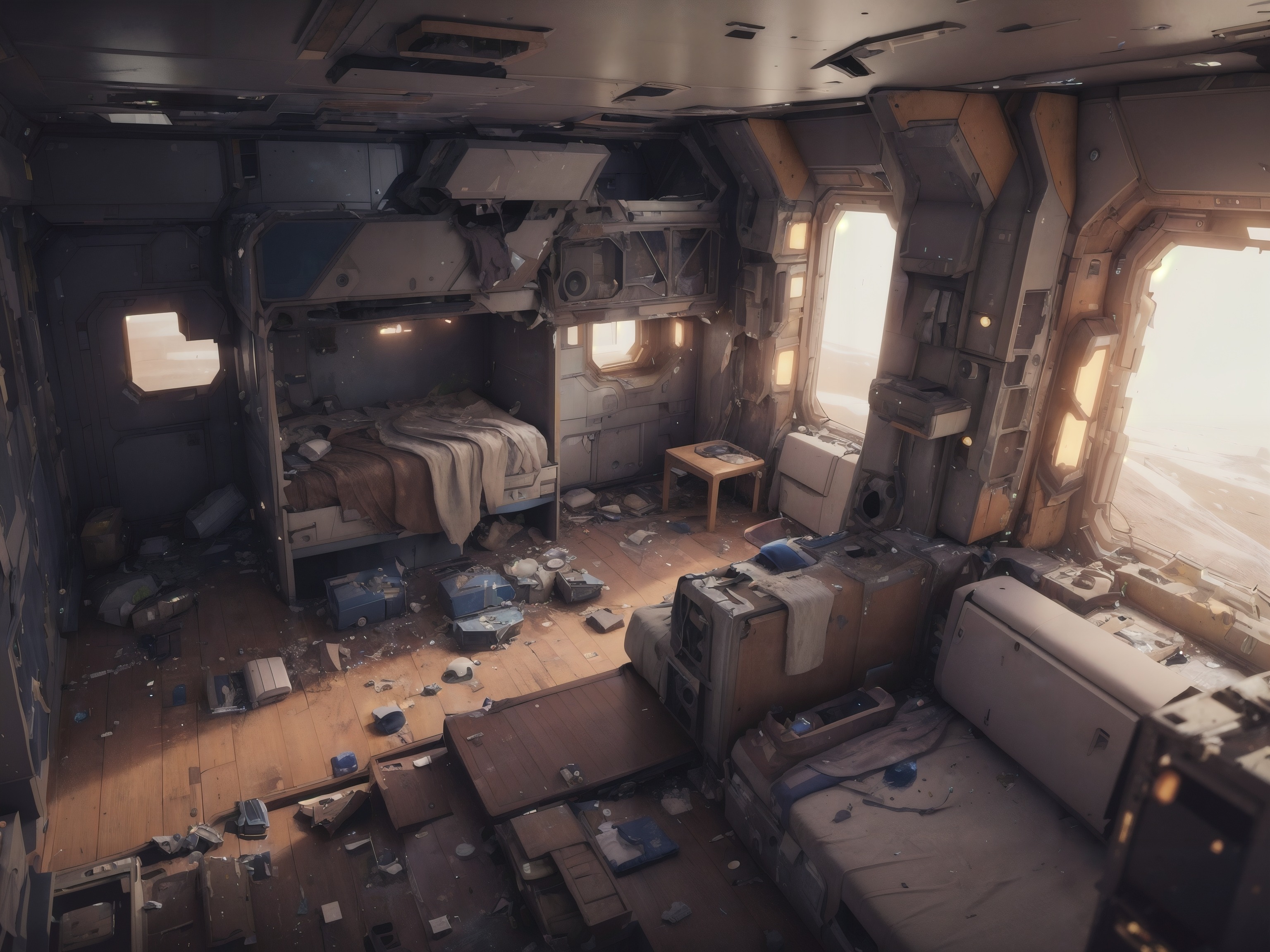 Generate An Image Of A Living Quarters On A Spaceship With Destroyed